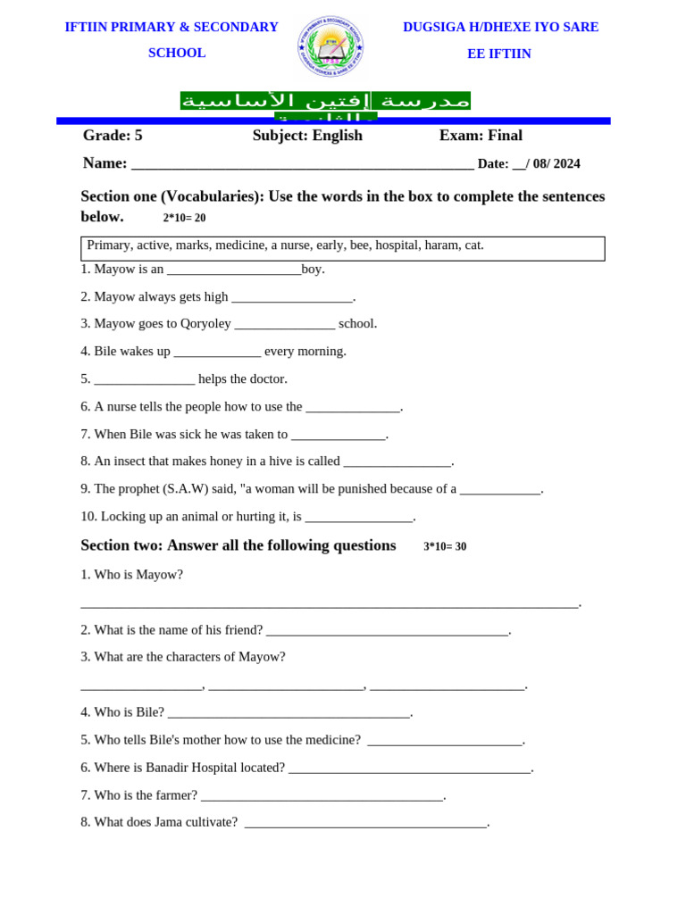 ENGLISH Grade 5 Course Final Exam | PDF | English Language | Language ...