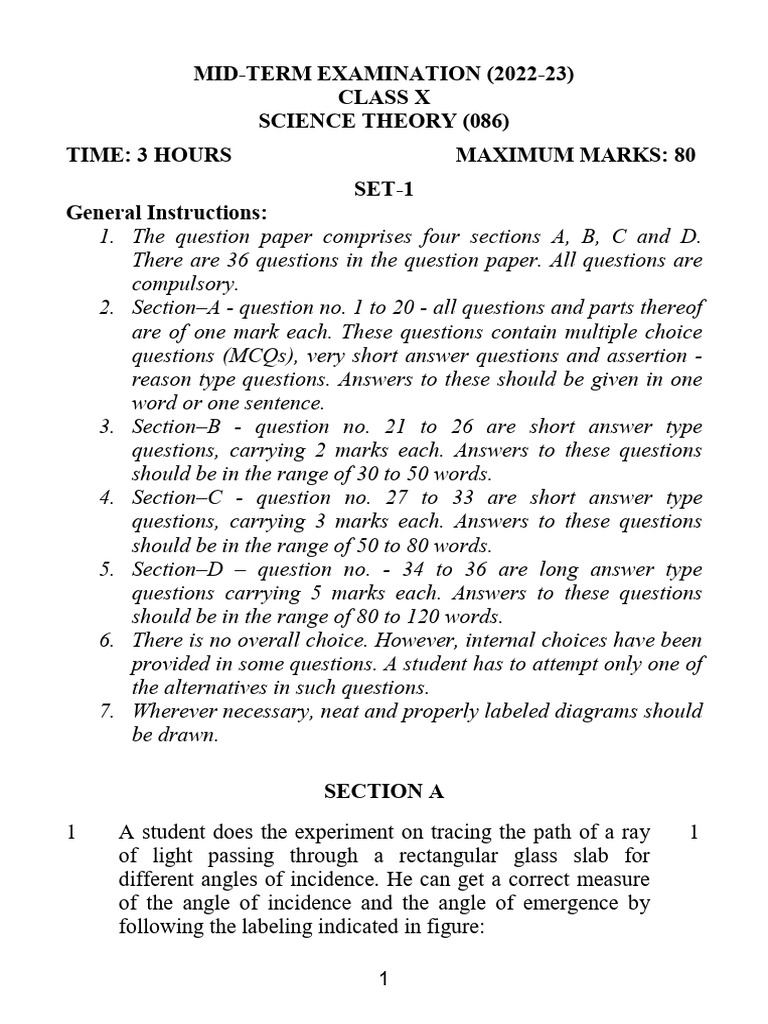 MID-TERM EXAMINATION (2022-23) Class X Science Theory (086) Time: 3 ...