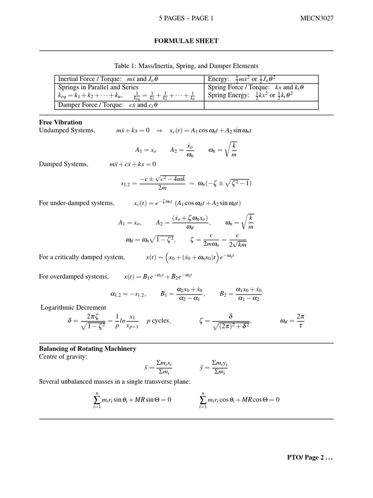 Formulae Sheet | PDF