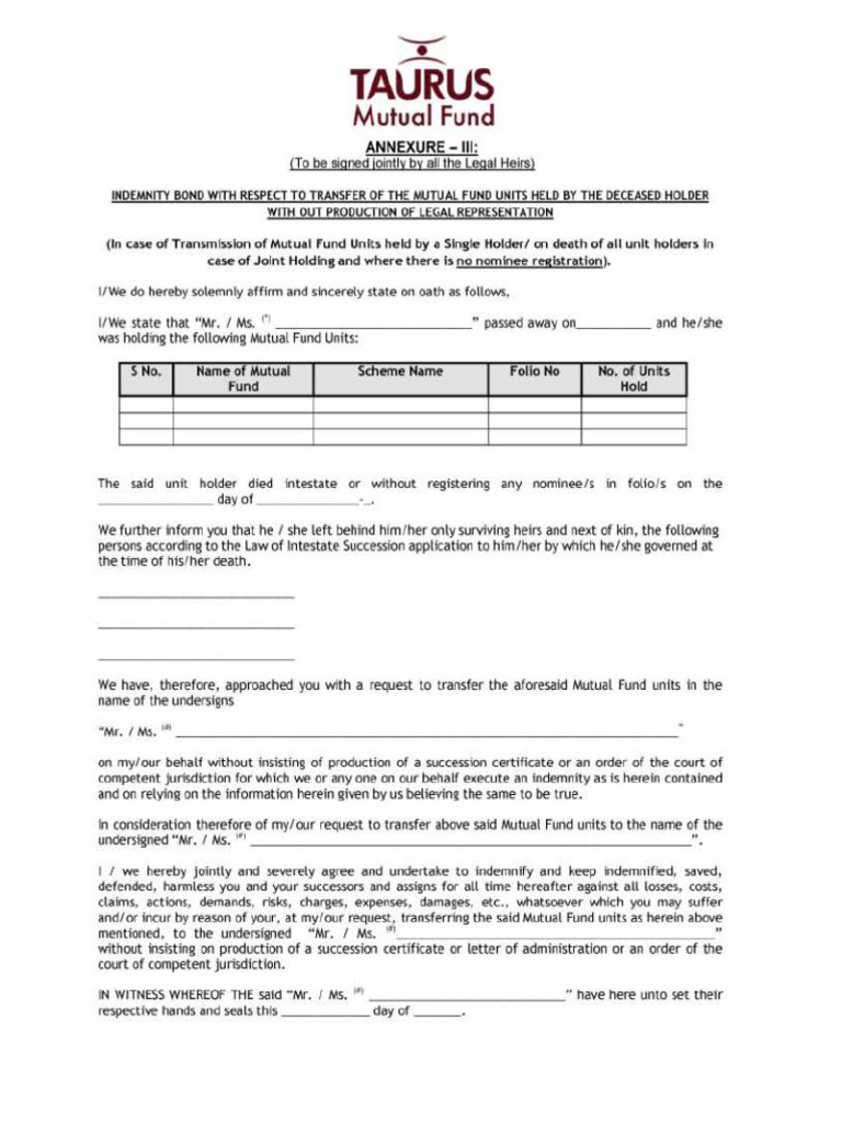 Indemnity Bond by Legal Heirs No Nominee Registered Annexures 3 | PDF