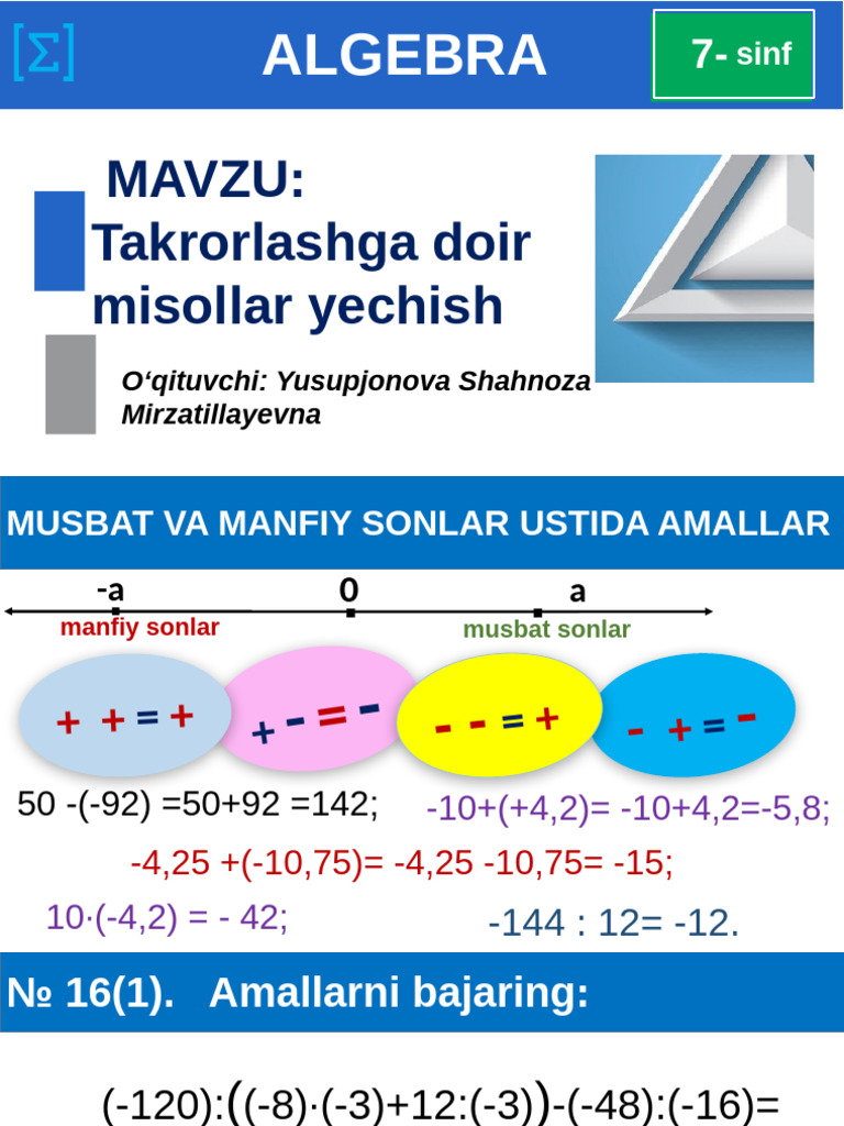 Algebra: Mavzu: Takrorlashga Doir Misollar Yechish | PDF