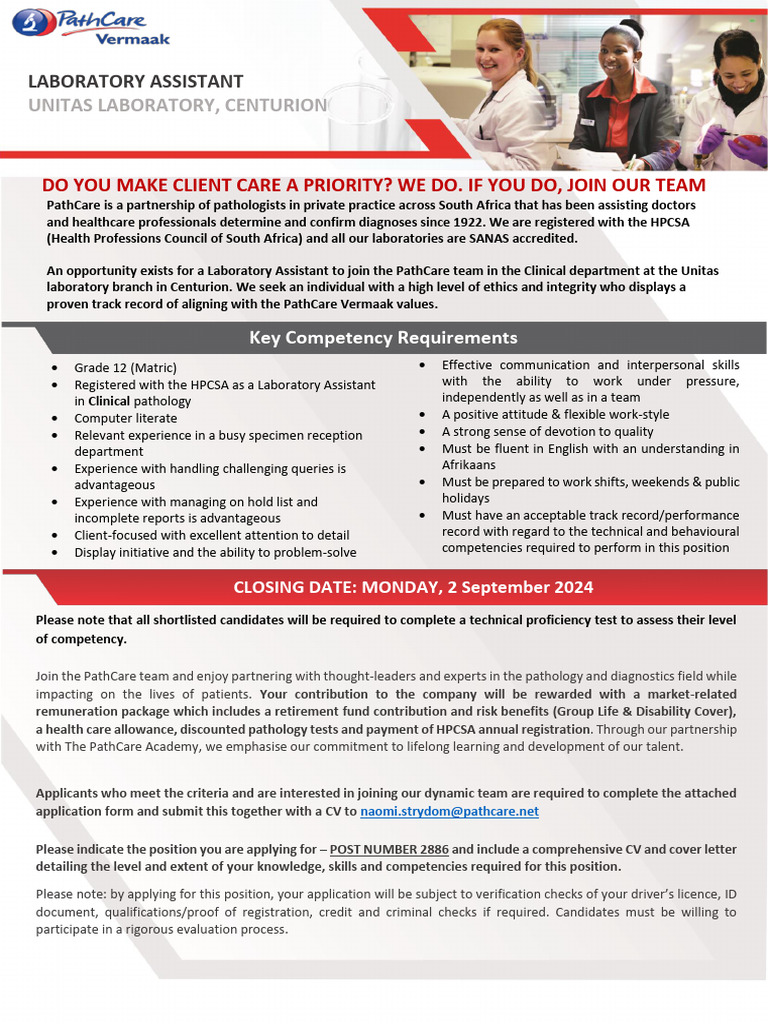 PathCare Lab Assistant Application 2024 | PDF | Pathology | Employment