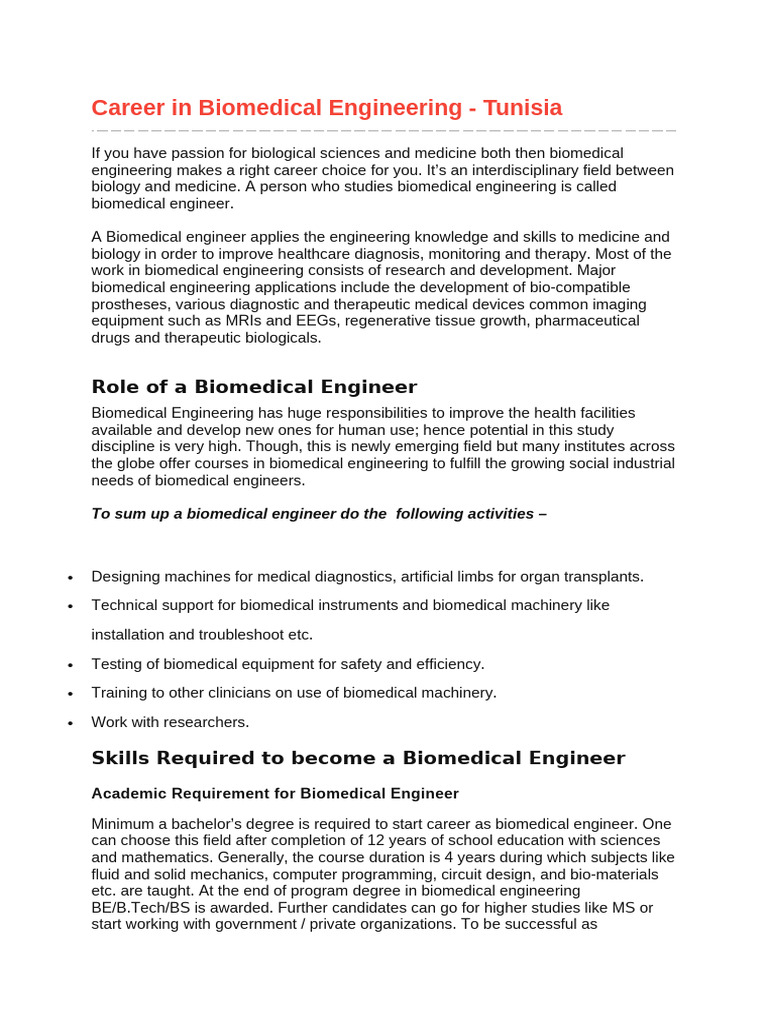 Biomedical Engineering Career Overview | PDF | Biomedical Engineering ...
