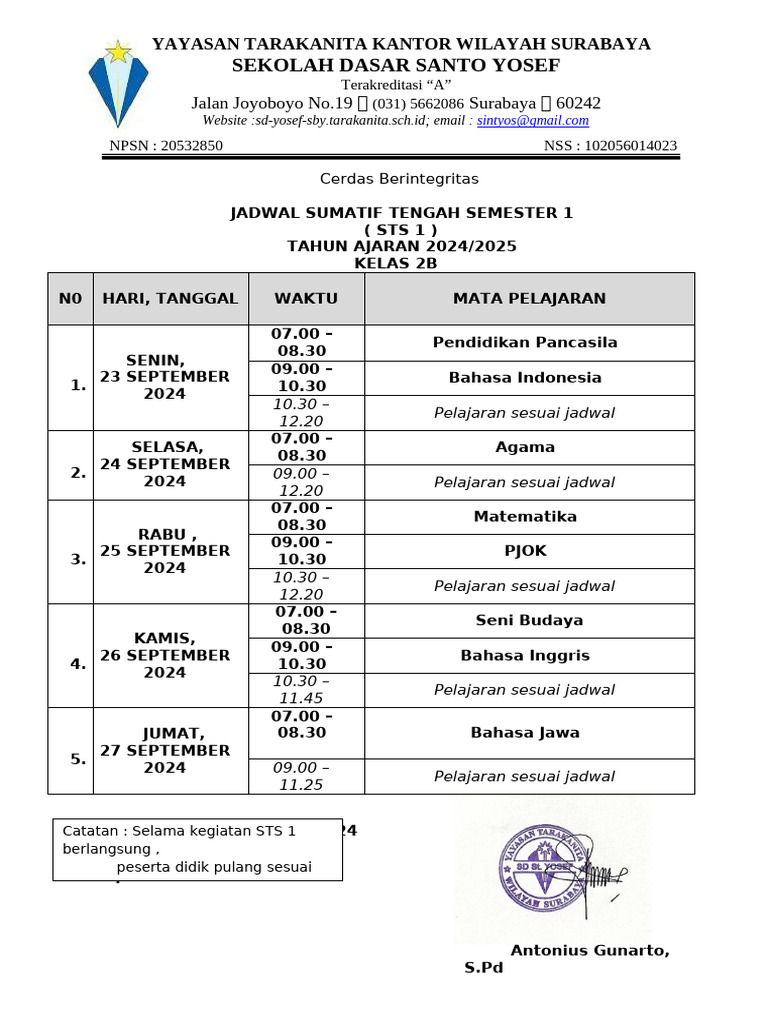 JADWAL STS 1 Kls 2B (2024-2025) | PDF