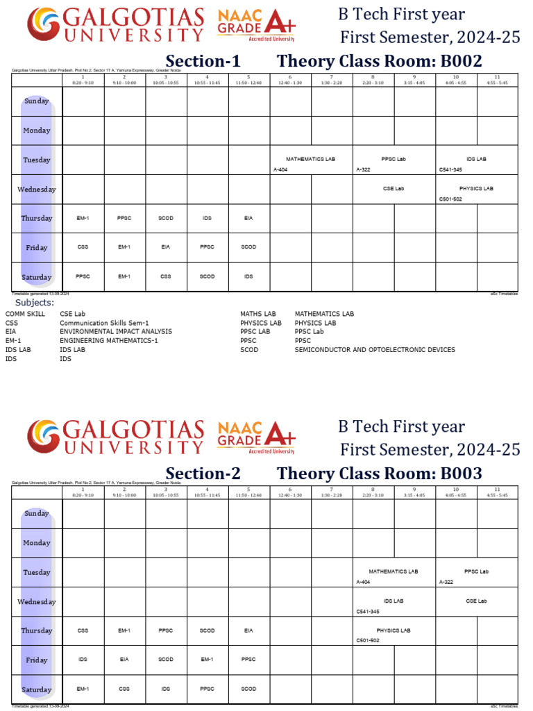 01 - Time Table - Sectionwise 130924 | PDF