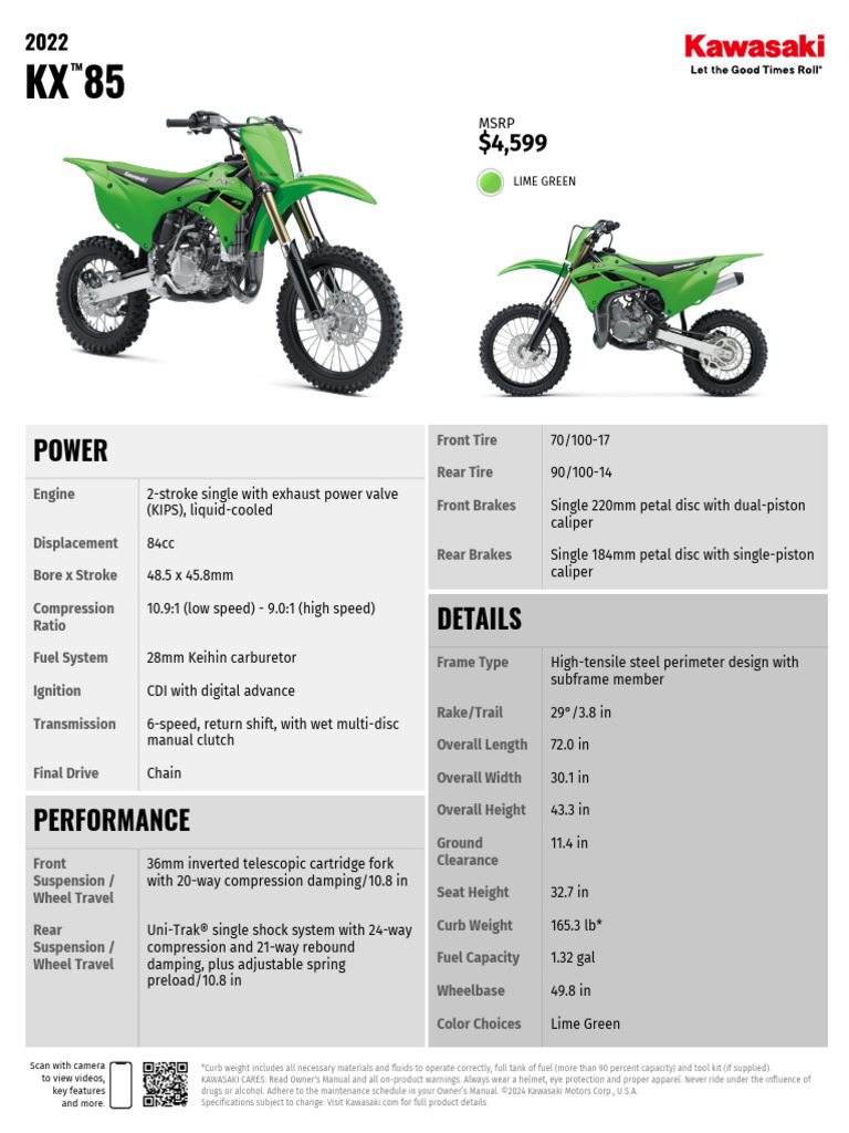2022 kx85 en Us Spec Sheet | PDF
