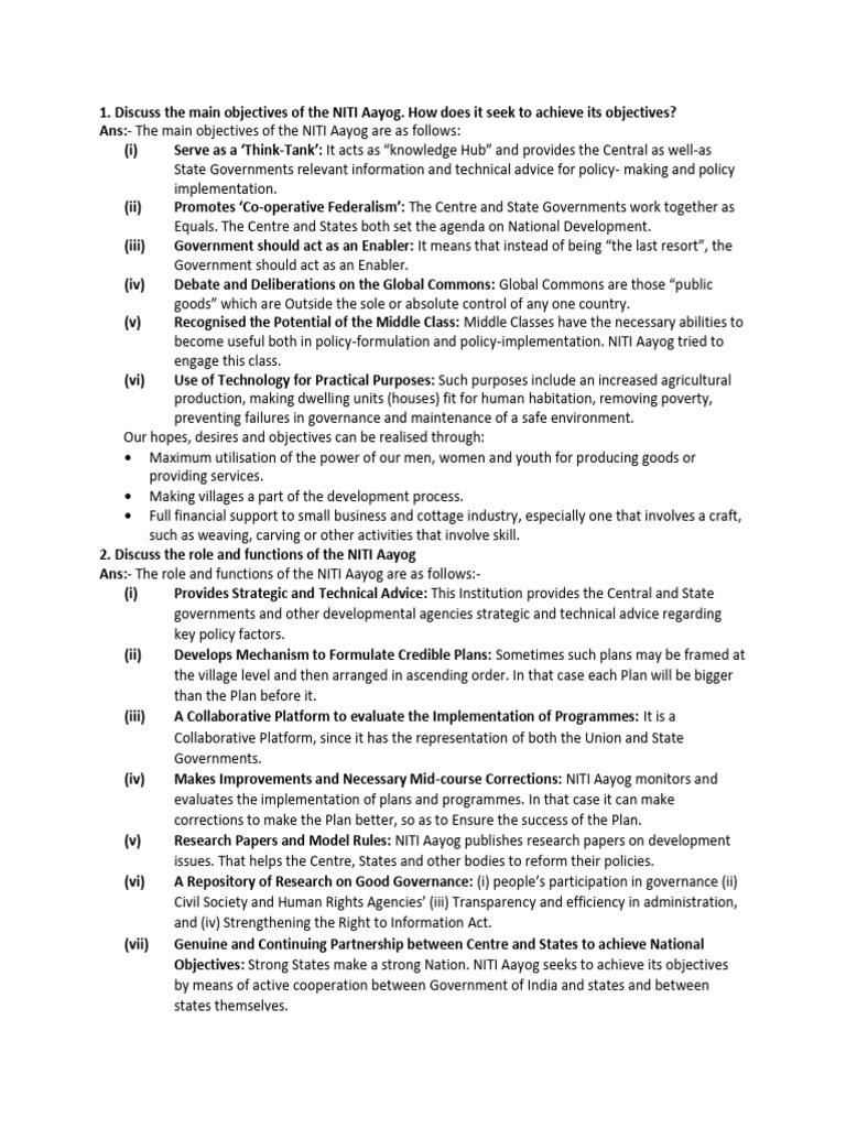 Objectives of NITI Ayog | PDF