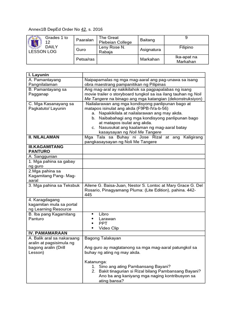 2 DLP Template Fil. Annex1B DepEd Order No.42.s.2016 Copy 1 | PDF 2 DLP Template Fil. Annex1B DepEd Order No.42.s.2016 Copy 1 | PDF
