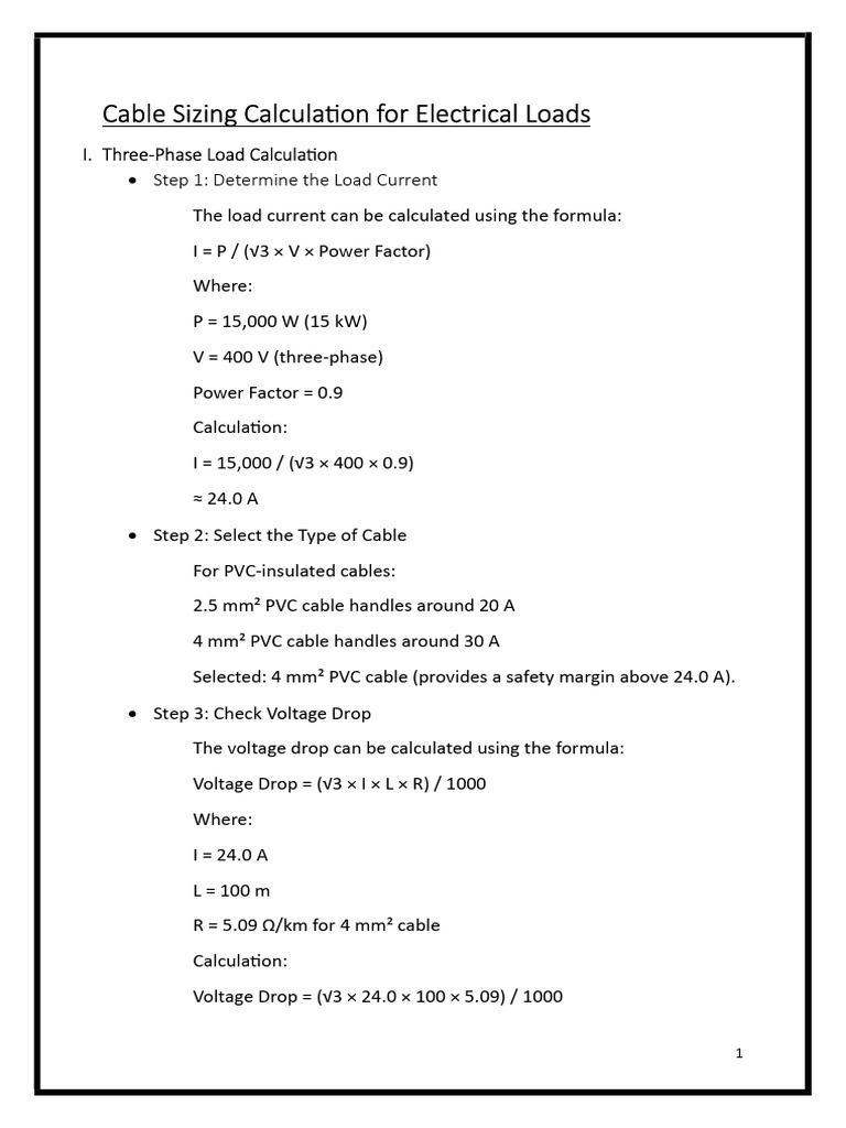 Cable Sizing Calculation For Electrical Loads | PDF
