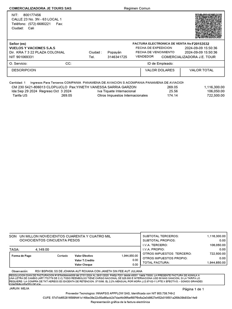 Comercializadora Je Tours Sas: Factura Electronica de Venta No | PDF