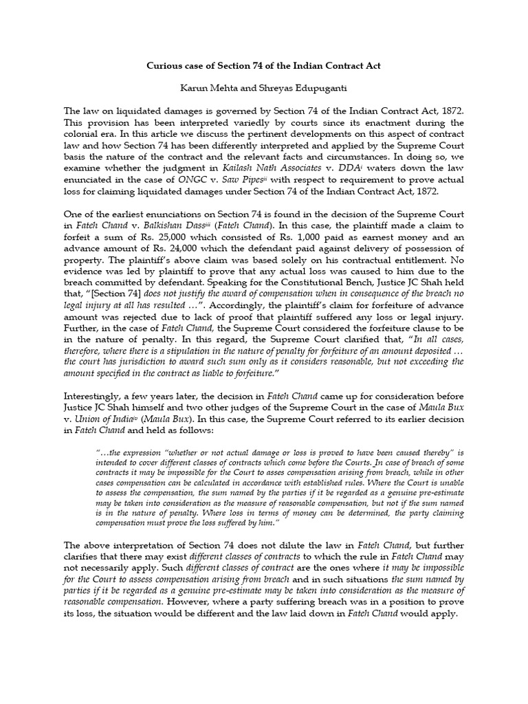Curious Case of Section 74 of The Indian Contract Act | PDF | Breach Of Contract | Damages