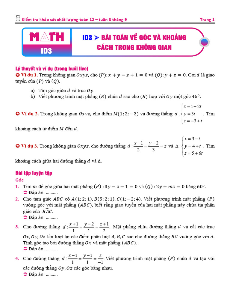 ID3 - Góc Và Khoảng Cách Trong Không Gian | PDF