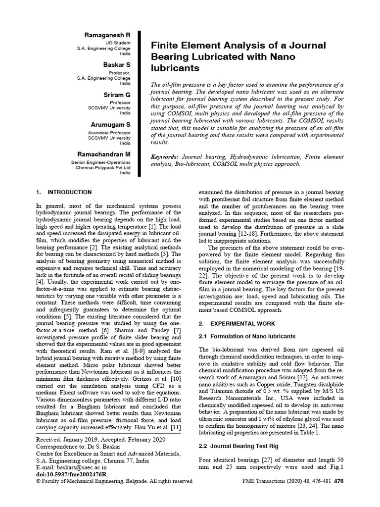 Finite Element Analysis of A Journal Bearing Lubri | PDF