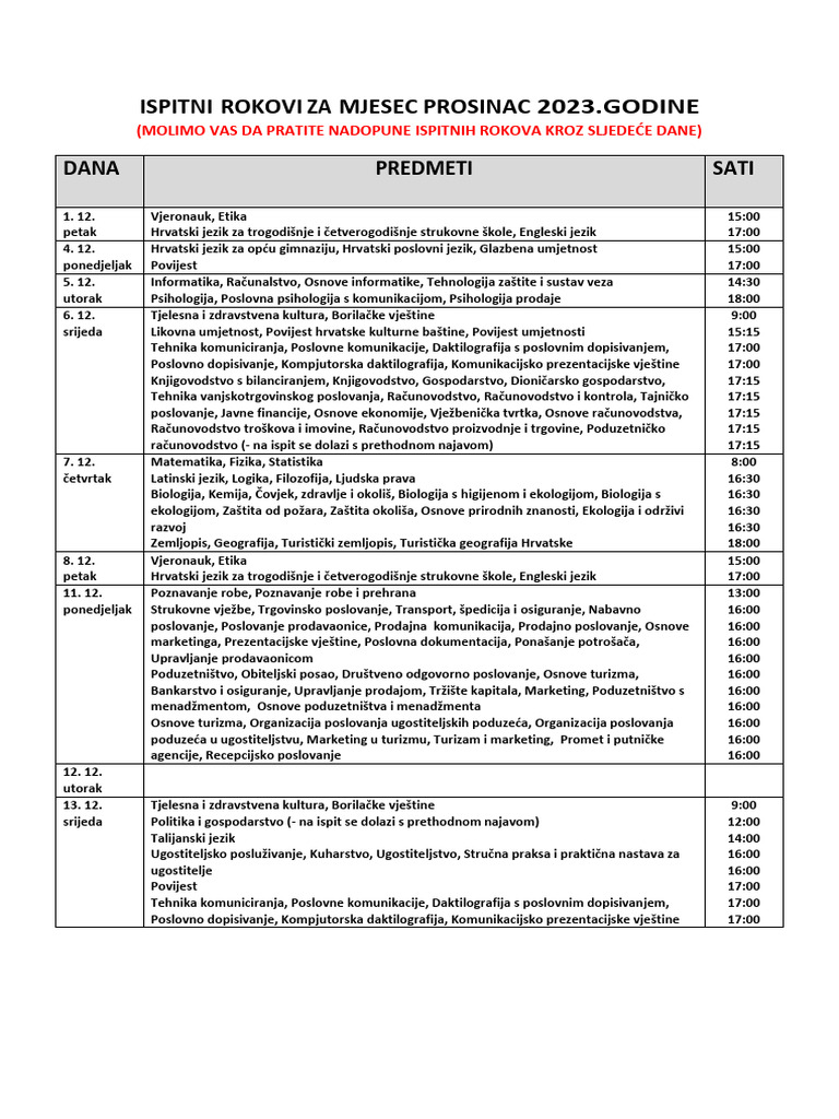ISPITNI ROKOVI - PROSINAC 2023 | PDF
