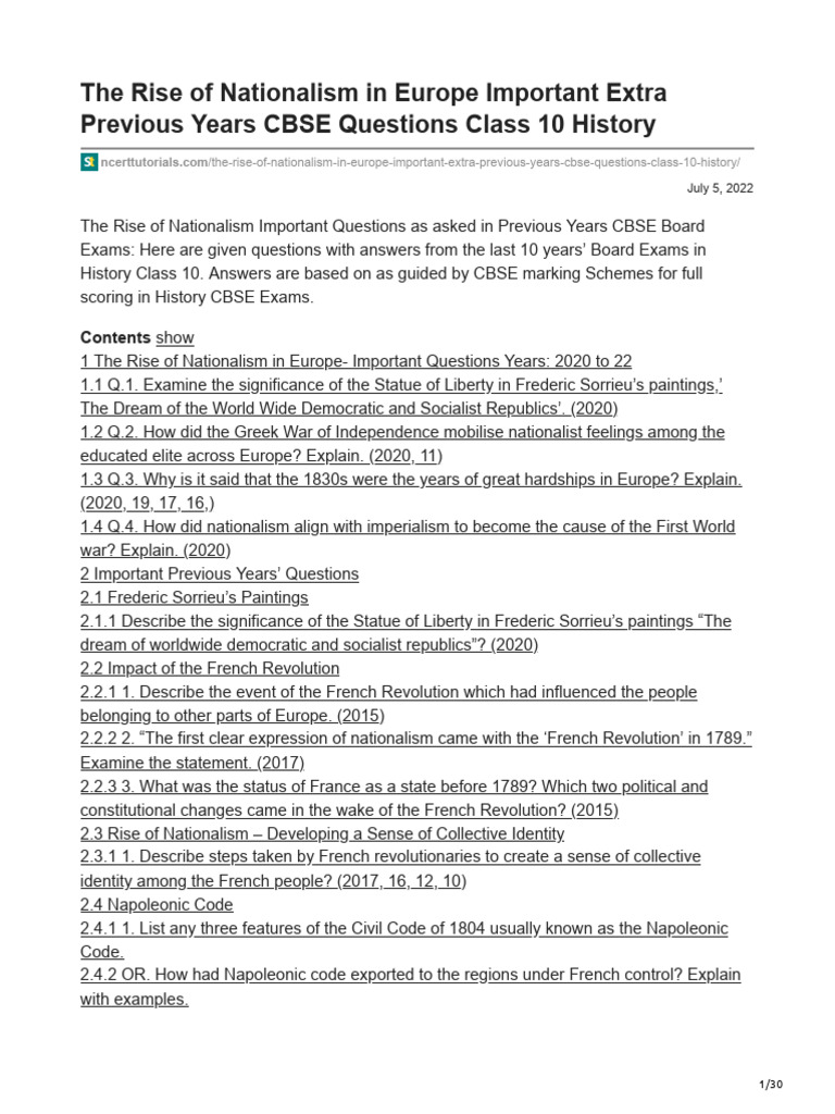 The Rise of Nationalism in Europe Important Extra Previous Years CBSE ...