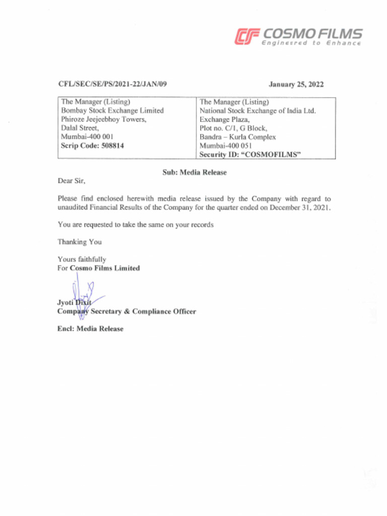 Cosmo Films: Scrip Code: 508814 | PDF