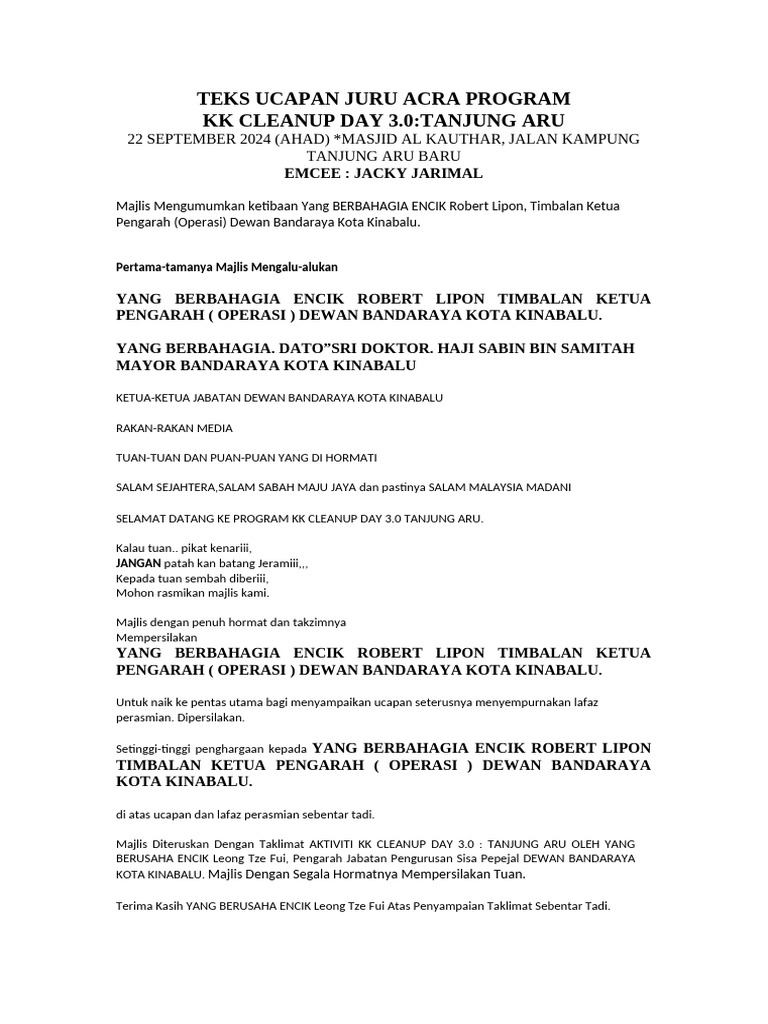 TEKS UCAPAN JURU ACRA PROGRAM - Docx Tanjung Aru | PDF