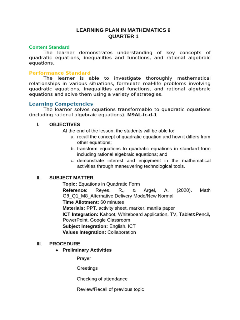 Content Standard: Learning Plan in Mathematics 9 Quarter 1 | PDF ...