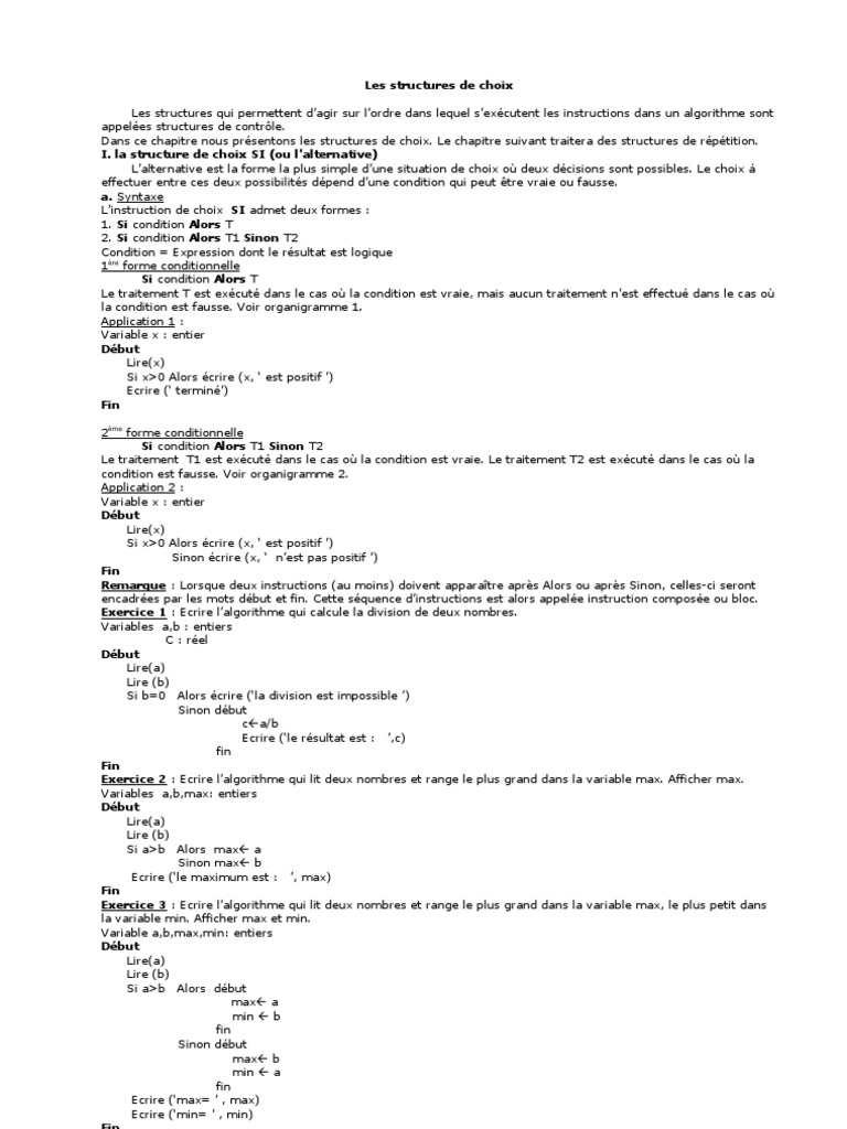 Cours Algo Les Structures de Choix | PDF | Méthodes et références pédagogiques | Ordinateurs