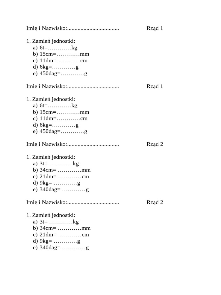 Kartkowka Klasa 4 Jednostki Masy | PDF