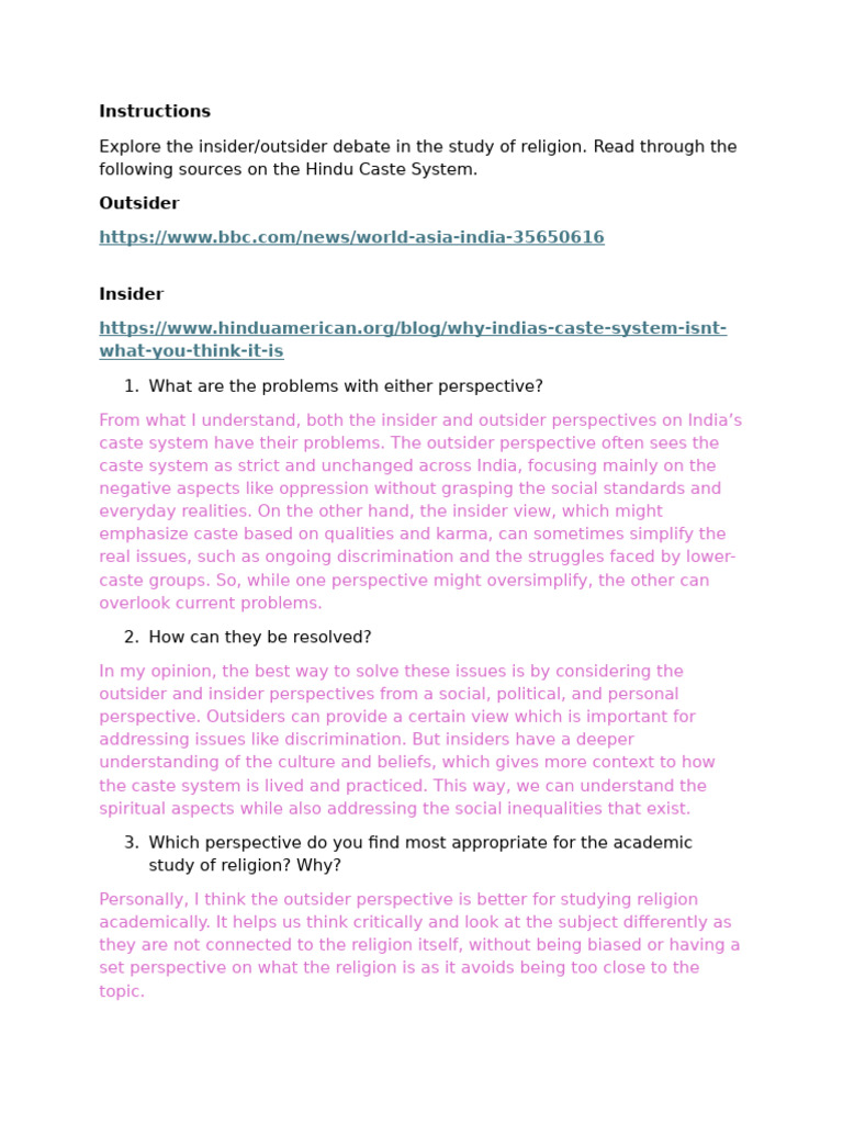 Hindu Caste System (insiderVSoutsider) | PDF