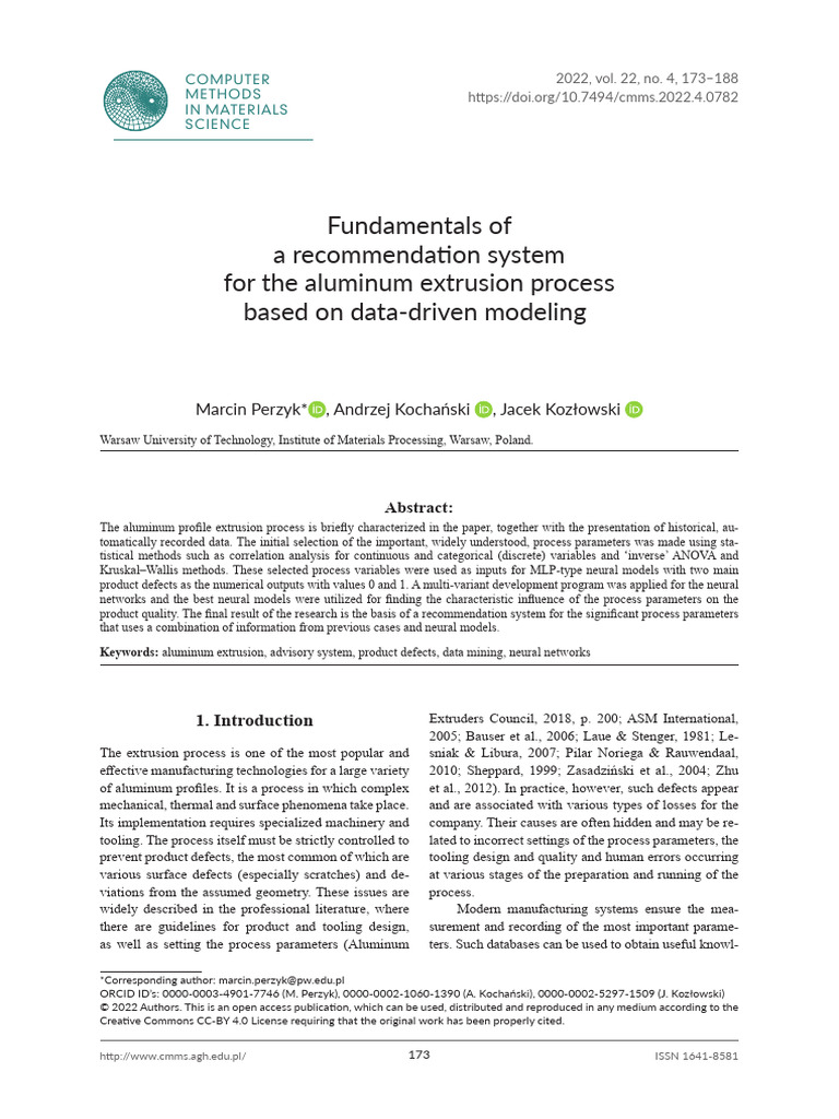 Fundamentals of For The Aluminum Extrusion Process Based On Data-Driven ...