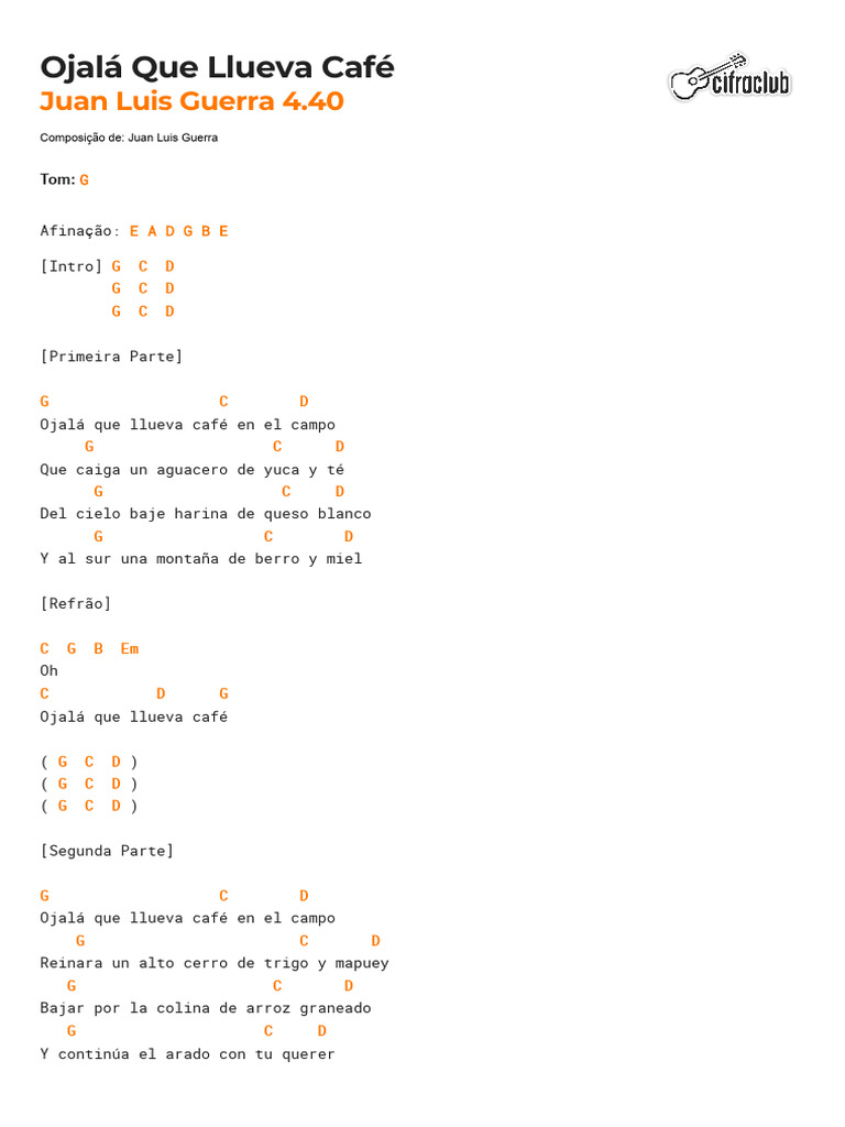 Cifra Club - Juan Luis Guerra 4.40 - Ojalá Que Llueva Café | PDF