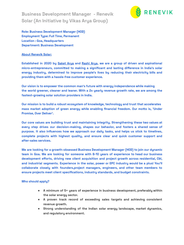 Job Description Business Development Manager Renevik An Initiative by Vikas Arya Group | PDF