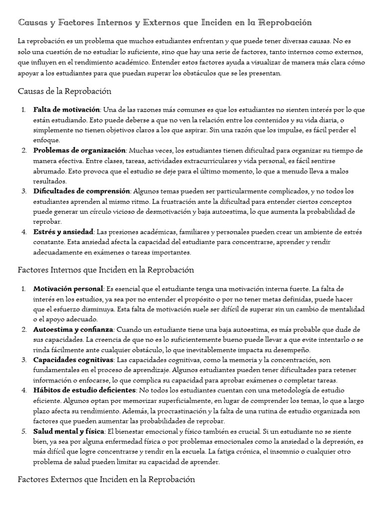 Causas y Factores Que Inciden en La Reprobación Escolar | PDF