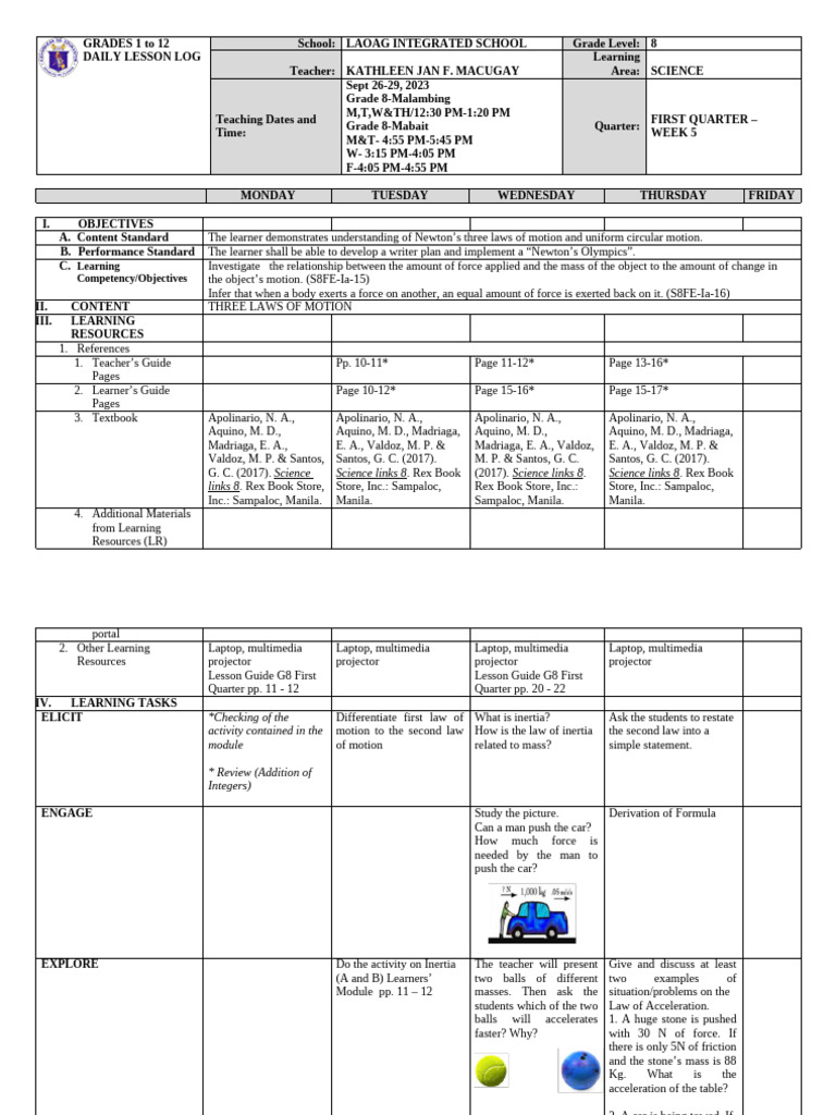 Dll-Science 8-Q1-Week 5 | PDF | Force | Mass