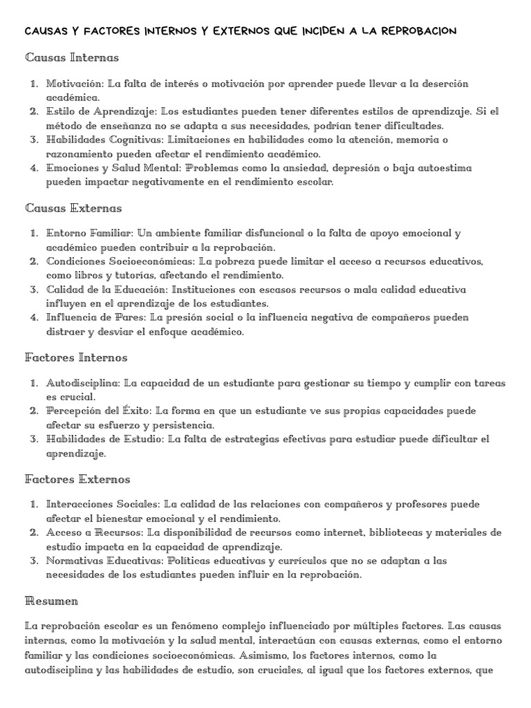 Causas y Factores Que Inciden en La Reprobación Escolar | PDF