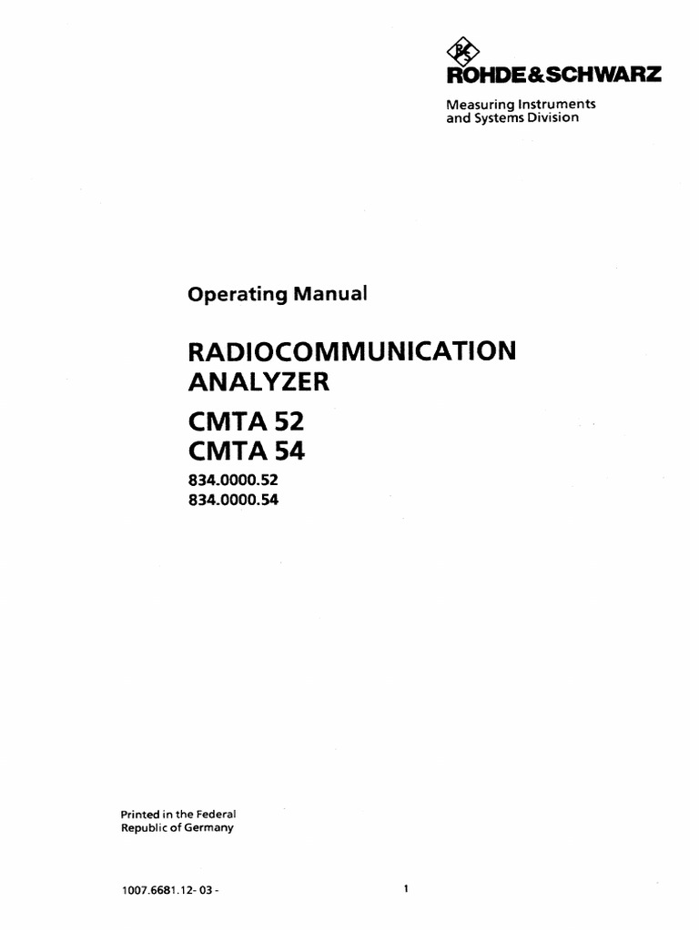 Rohde-Schwarz Cmta-52 Cmta-54 1007.6681.12-03 Radio Communication ...