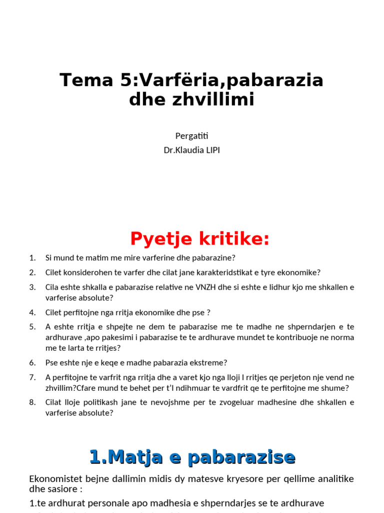 Tema 5 - VARFERIA, PABARAZIA DHE ZHVILLLIMI - TMZHE | PDF