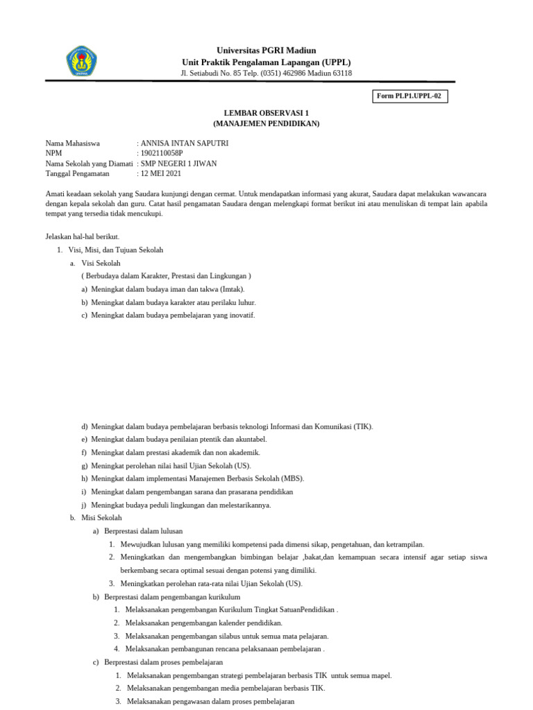 [Form PLP1.UPPL-02] LEMBAR OBSERVASI 1 (MANAJEMEN PENDIDIKAN) | PDF