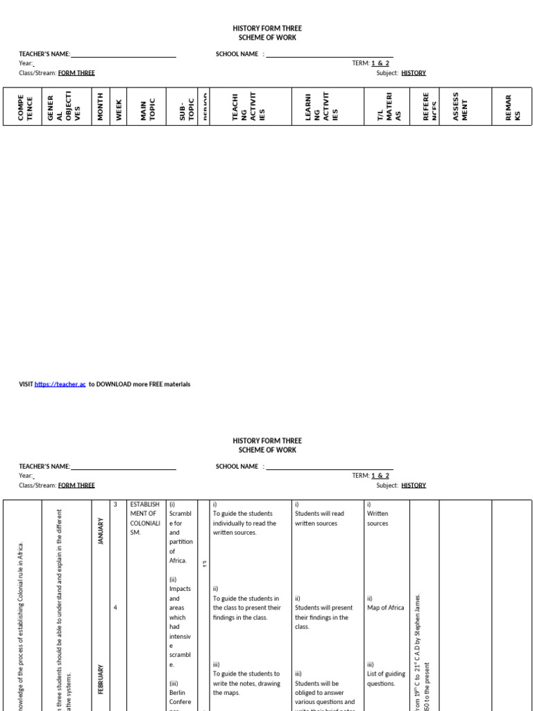 2023 History Form 3 Schemes of Work Teacher Ac | PDF