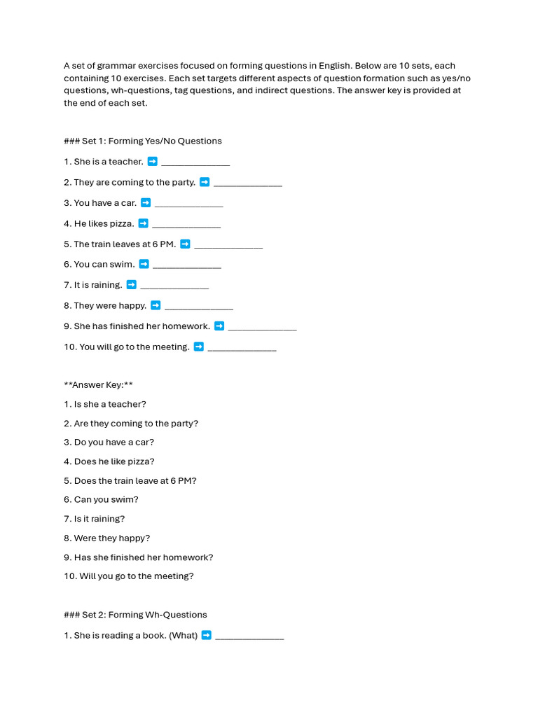 A Set of Grammar Exercises Focused On Forming Questions in English | PDF