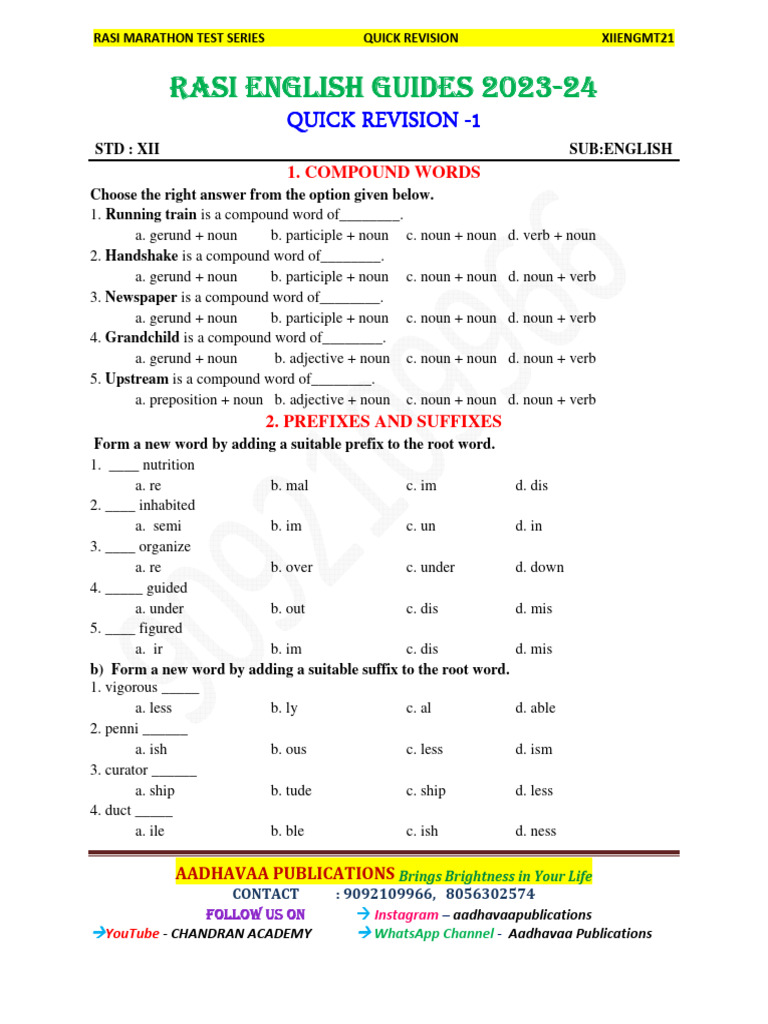 12th English Quick Revision Questions and Answer Key English Medium PDF ...