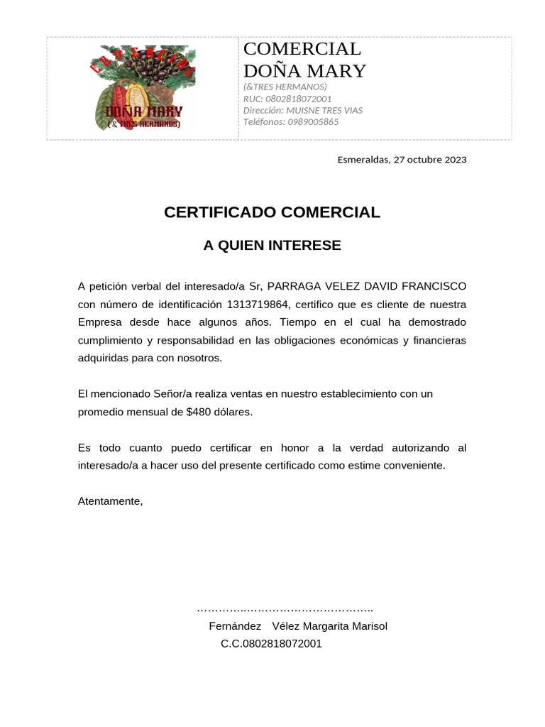 Certificado Comer | PDF
