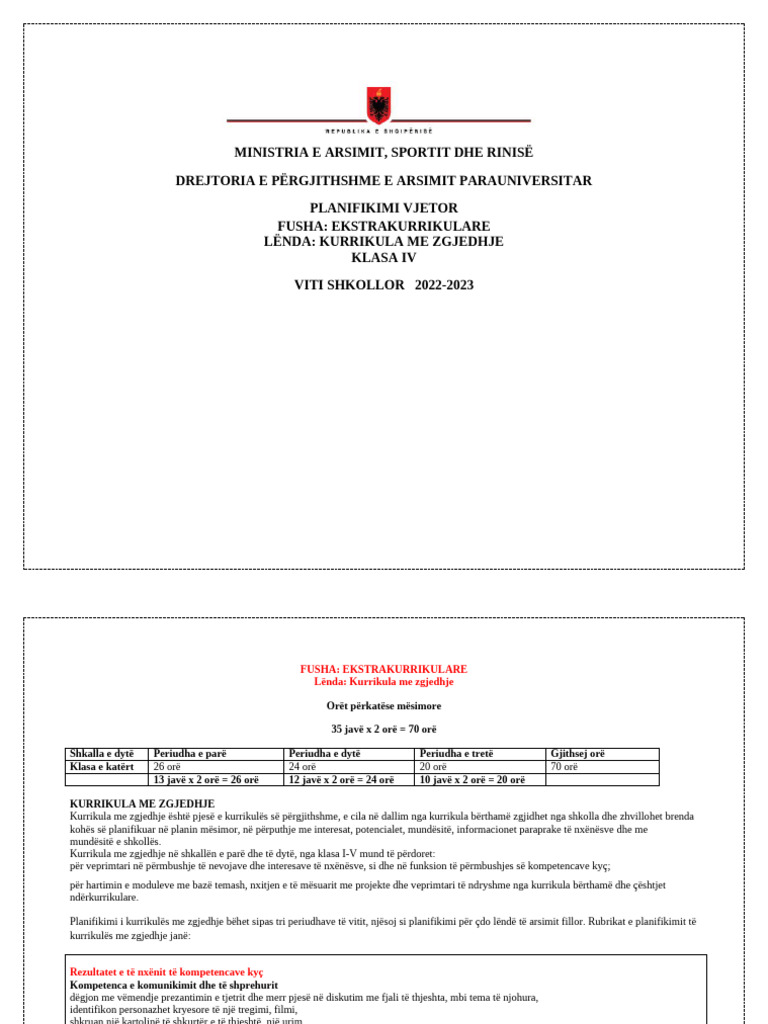 Kurrikula Me Zgjedhje 4 Plani Mesimor 2022 2023 HQJQGZ | PDF
