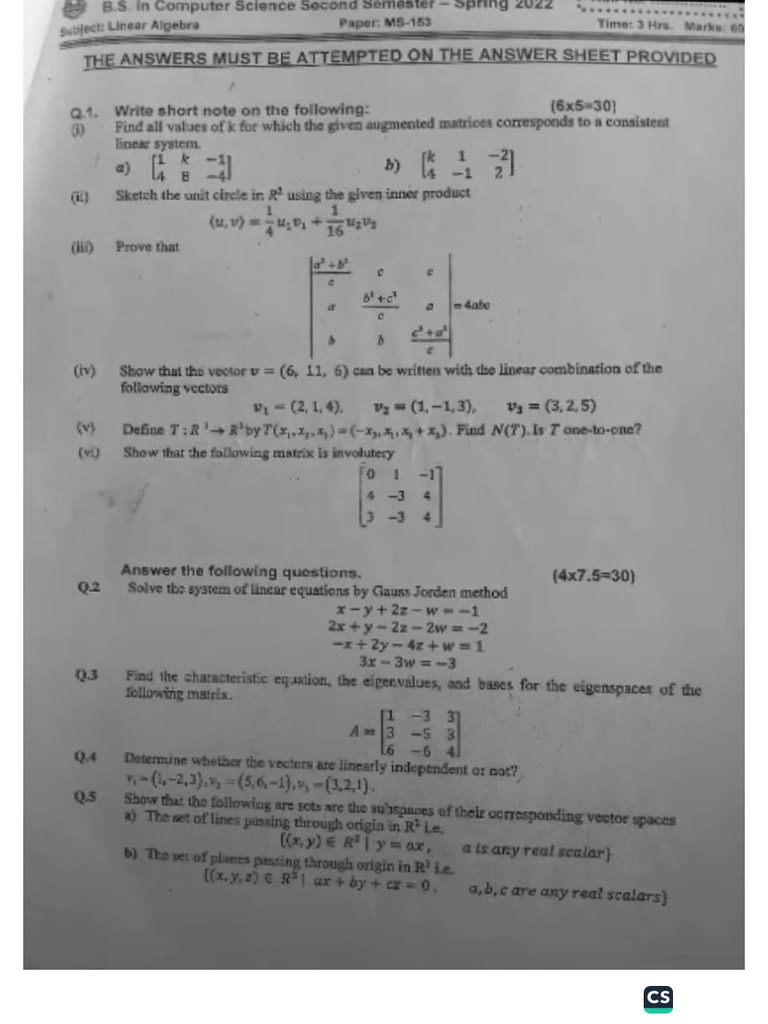 2022 Past Papers LINEAR ALGEBRA | PDF