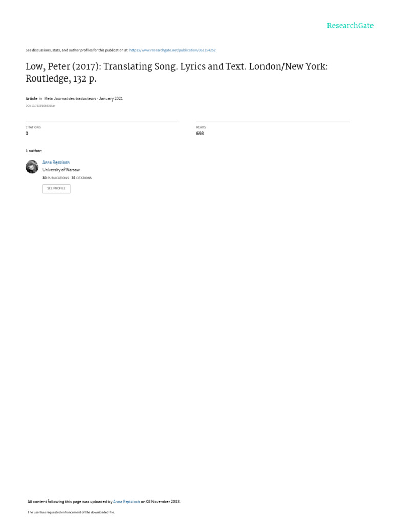 Low, Peter (2017) : Translating Song. Lyrics and Text. London/New York ...
