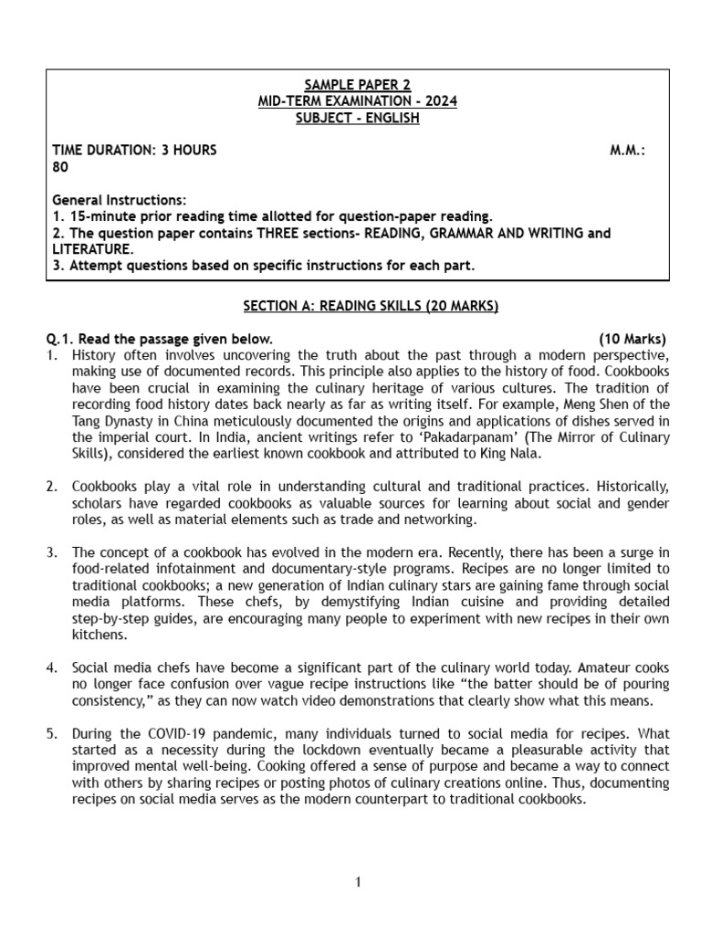 Class 9 English Mid-Term Sample Paper 2024 | PDF | Cookbooks | Recipe