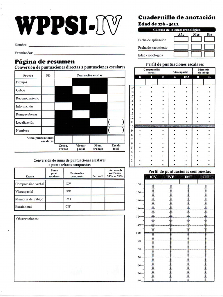 (3 Hojas) Cuadernillo de Anotación - Wppsi IV (2 Años Con 6 Meses - 3 Años Con 11 Meses) | PDF