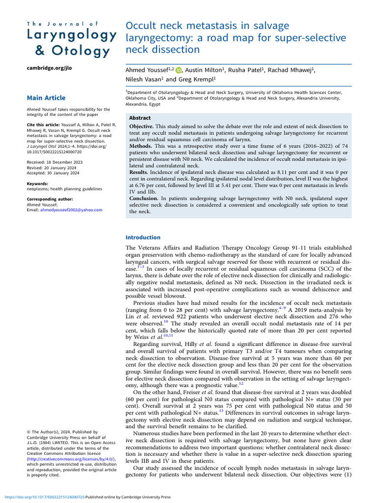 Occult Neck Metastasis in Salvage Laryngectomy A Road Map For Super ...