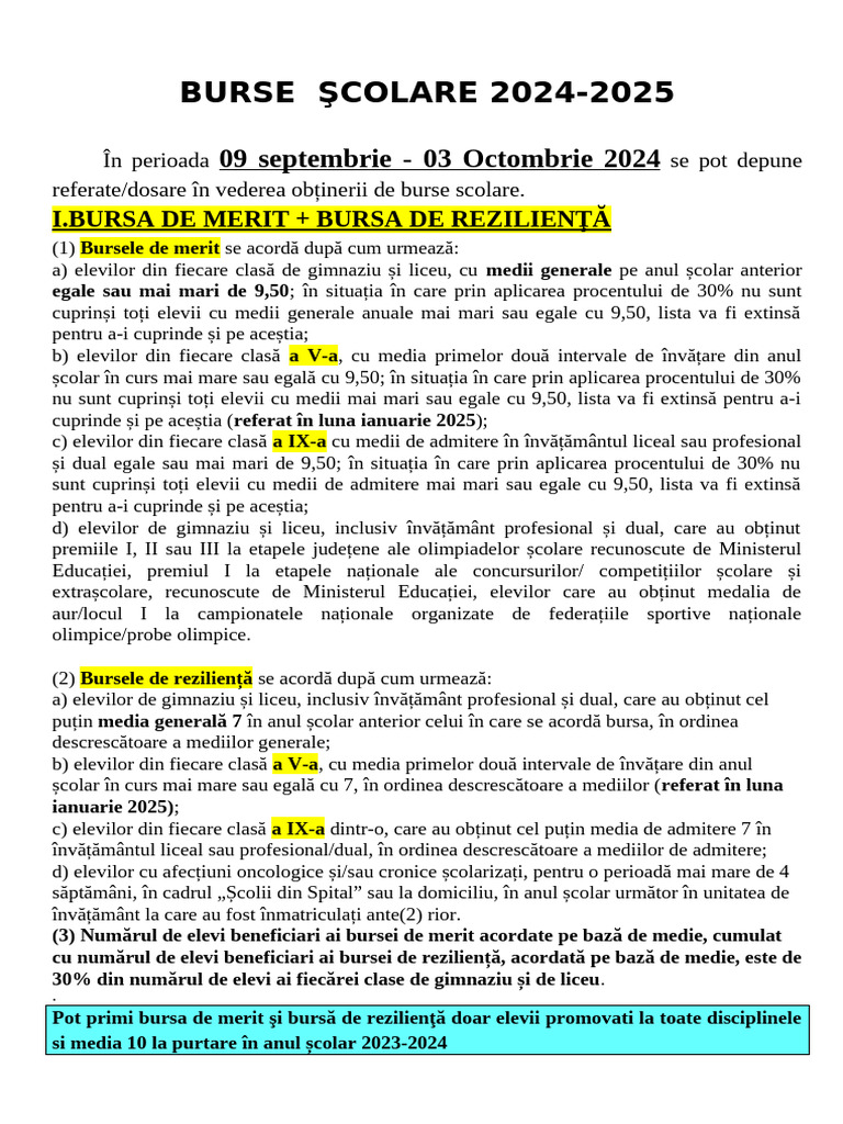 Anunt Burse Şcolare 2024-2025 | PDF