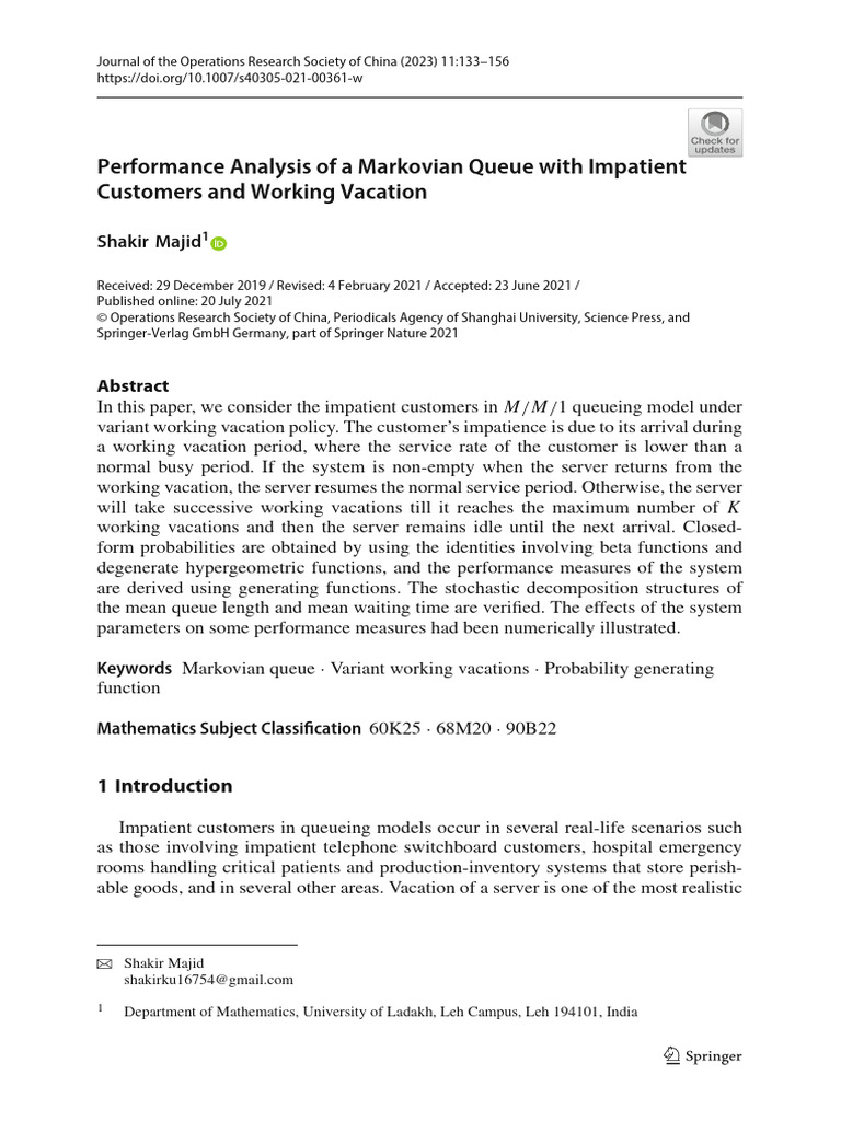 Performance Analysis of A Markovian Queue With Impatient Customers and Working Vacation | PDF