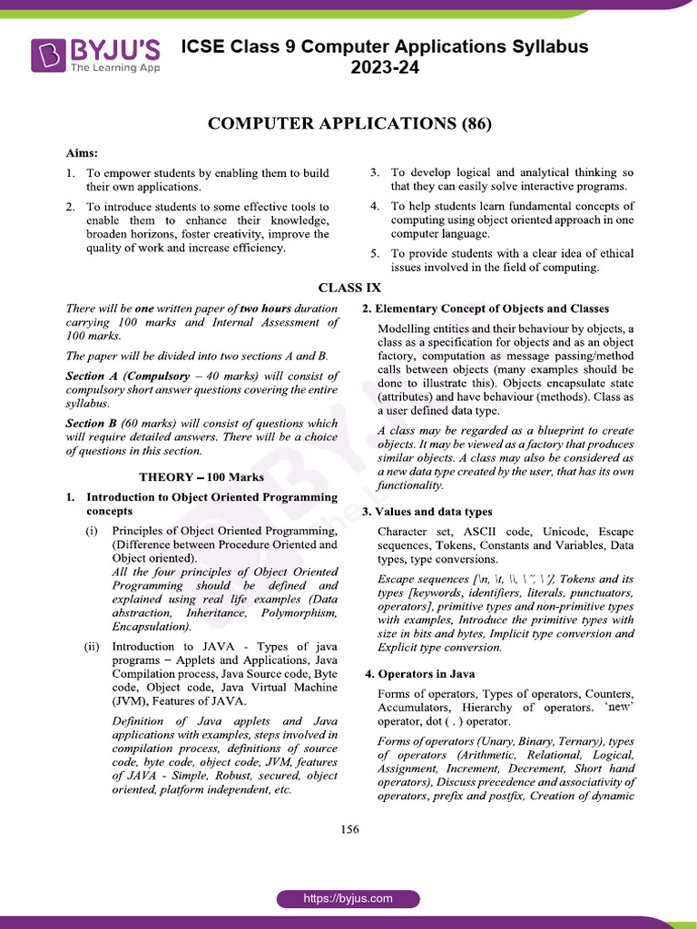 ICSE Class 9 Computer Applications Syllabus 2023 24 | PDF