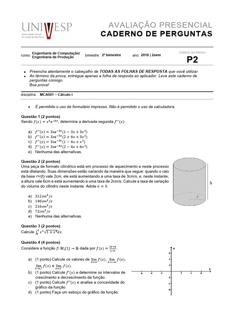EngComp e Prod - 2018-2 - Calculo I - MCA501 - P2 - GABARITO | PDF