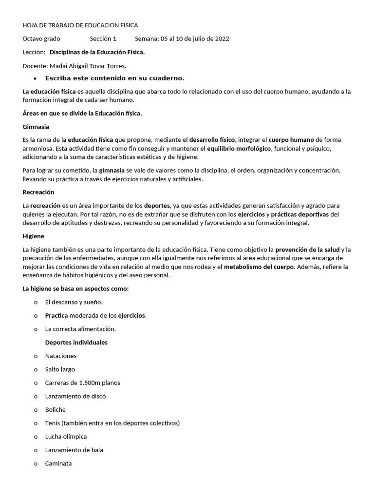 Dylan Irías - Hoja de Trabajo de Educacion Fisica 8vo | PDF