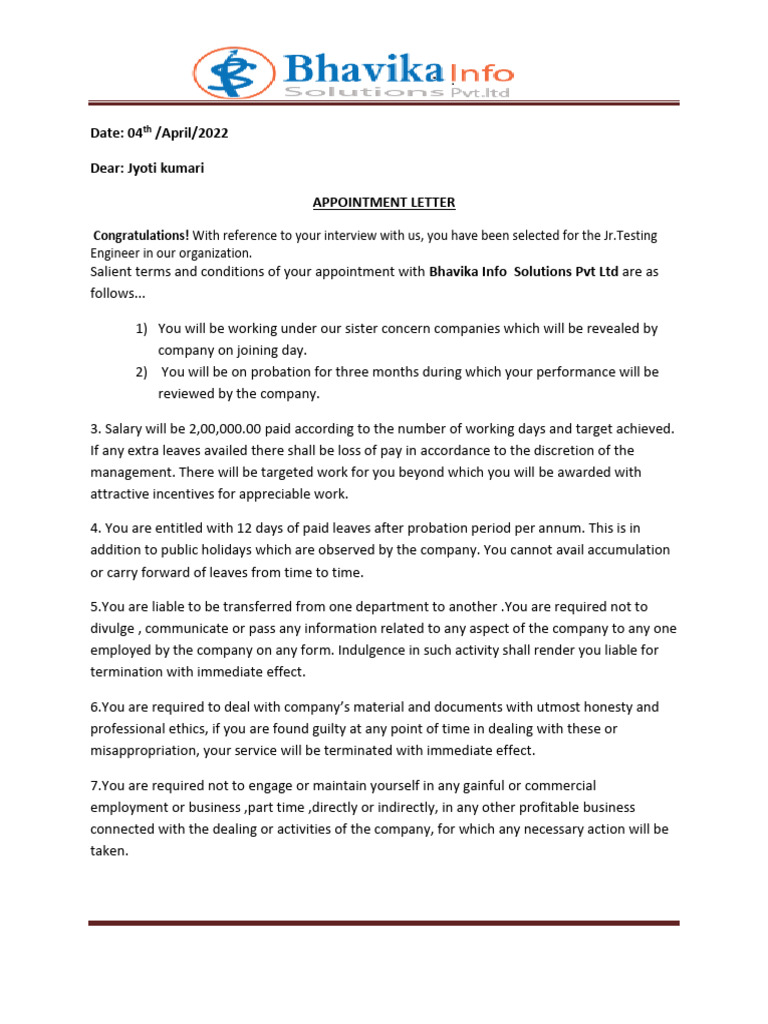 Jyoti Offer Letter | PDF